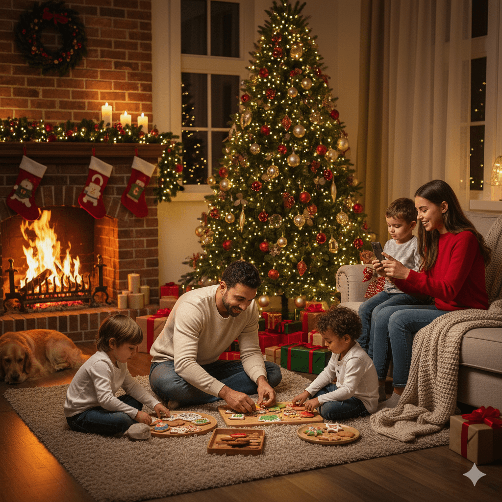 Family enjoying Christmas activities together